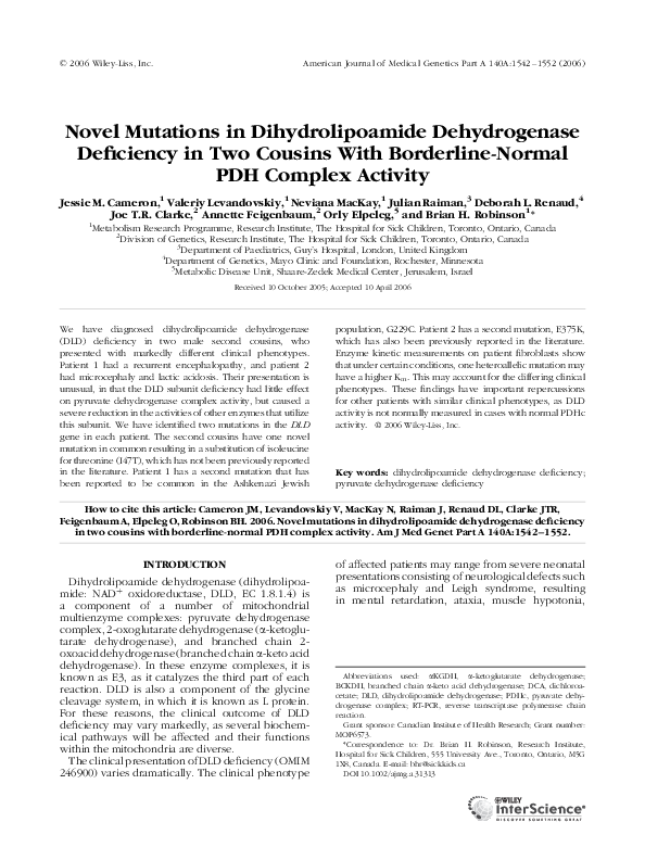 (PDF) Novel mutations in dihydrolipoamide dehydrogenase deficiency in ...