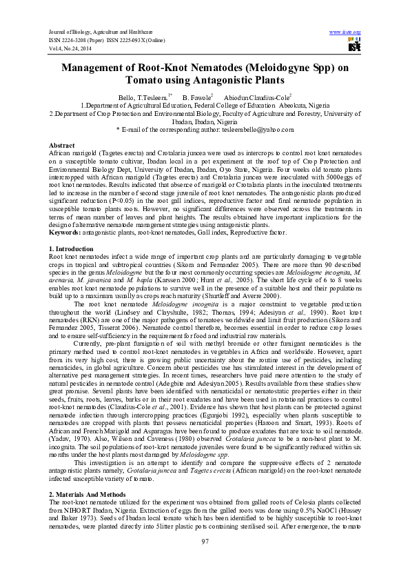 Management of Root-Knot Nematodes (Meloidogyne Spp) on Tomato using ...