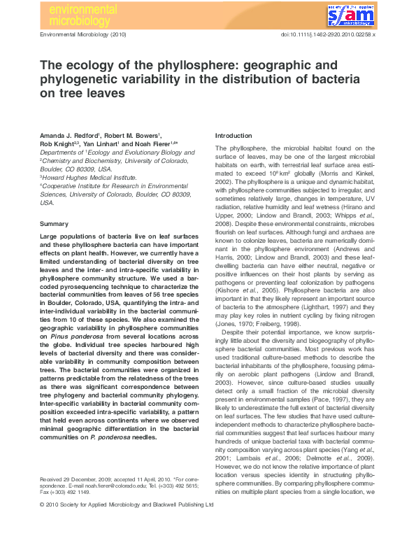 (PDF) The ecology of the phyllosphere: geographic and phylogenetic ...