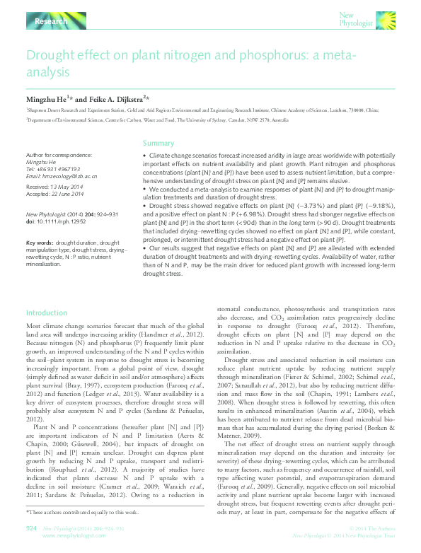 (PDF) Drought effect on plant nitrogen and phosphorus: a meta-analysis