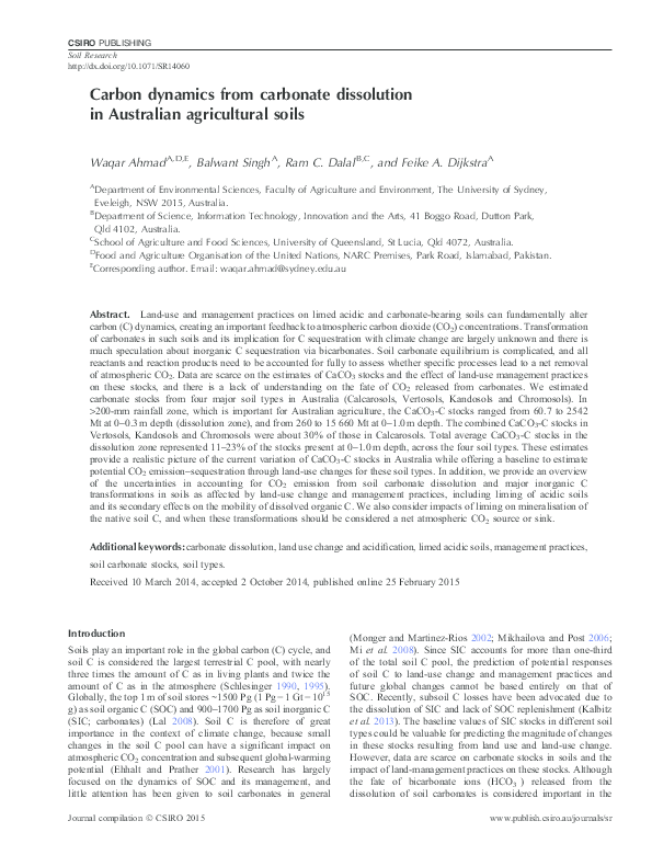 (PDF) Carbon dynamics from carbonate dissolution in Australian ...