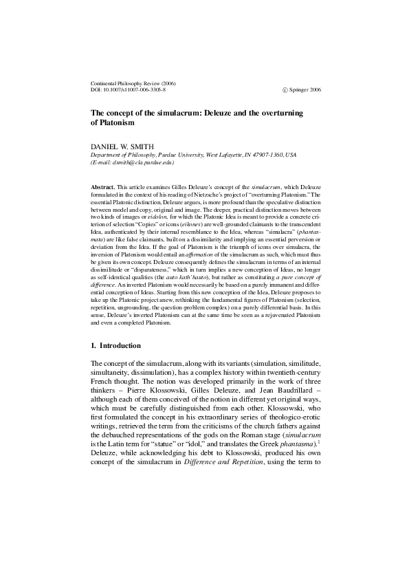 (PDF) The Concept of the Simulacrum: Deleuze and the Overturning of ...