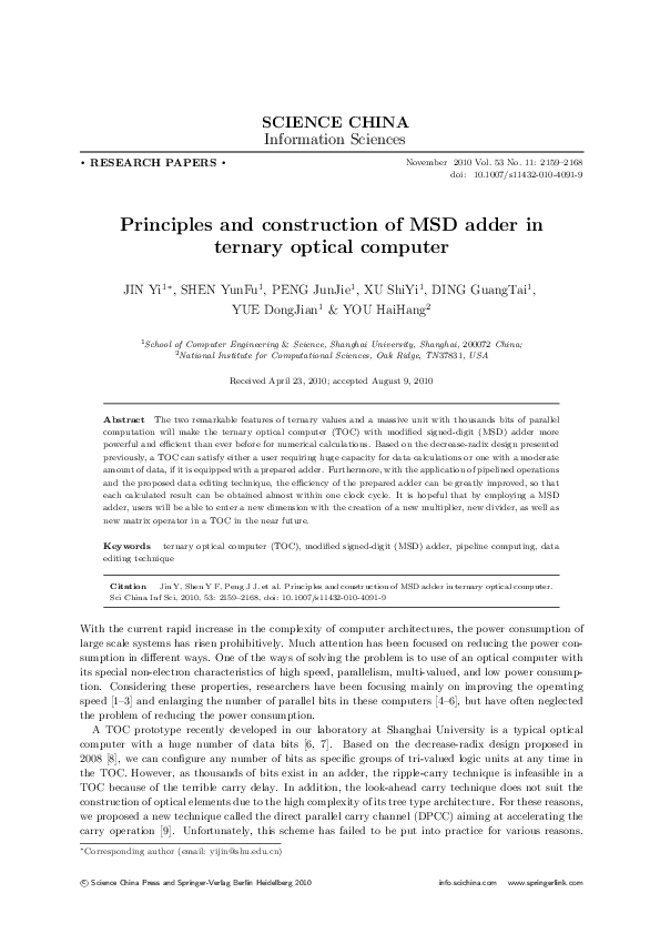 (PDF) Principles and construction of MSD adder in ternary optical computer