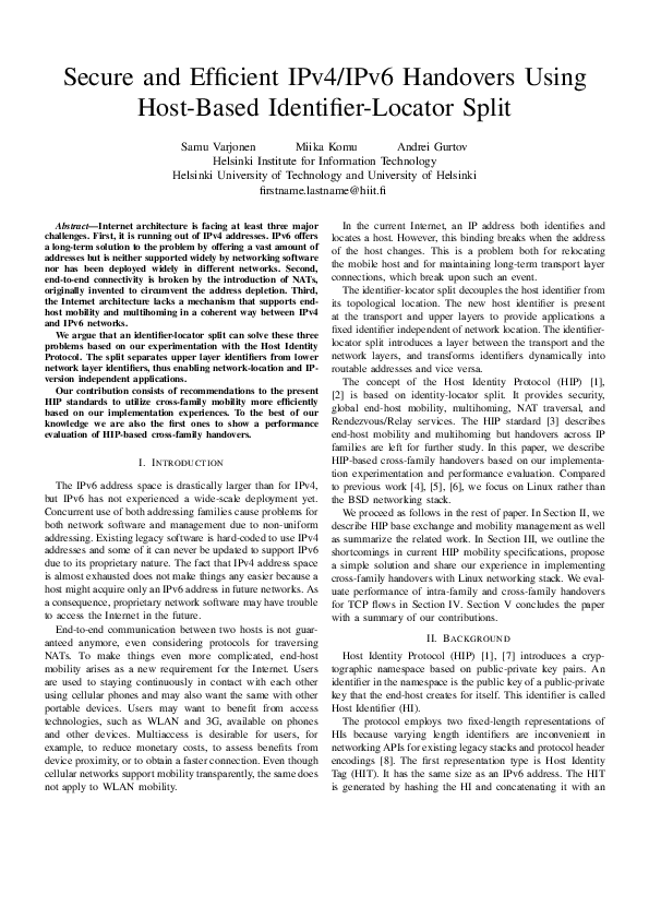 Pdf Secure And Efficient Ipv4ipv6 Handovers Using Host Based Identifier Locator Split 