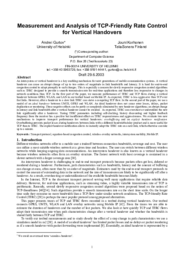 (PDF) Measurement and analysis of tcp-friendly rate control for vertical handovers