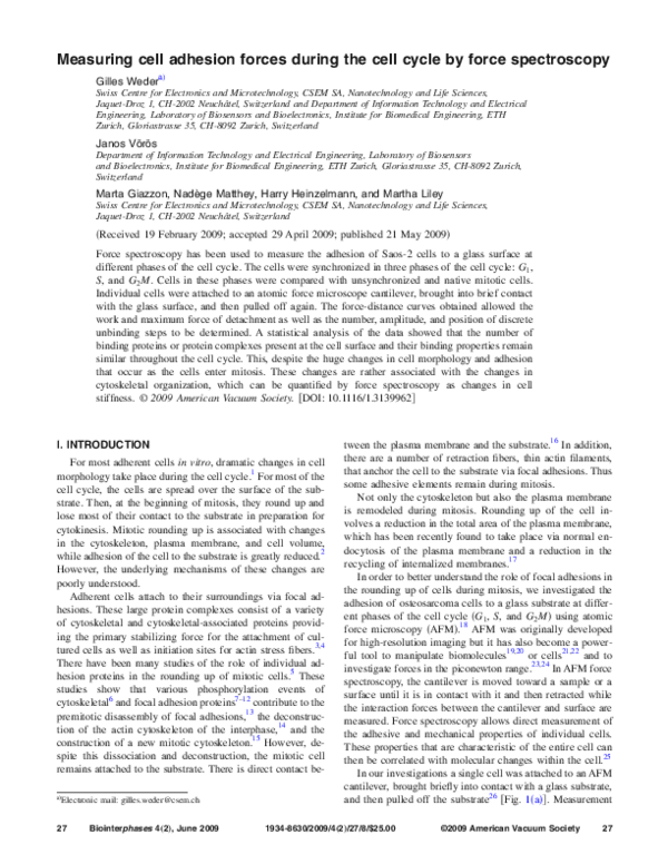 (PDF) Measuring cell adhesion forces during the cell cycle by force spectroscopy