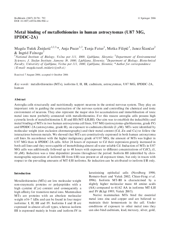 (PDF) Metal binding of metallothioneins in human astrocytomas (U87 MG ...