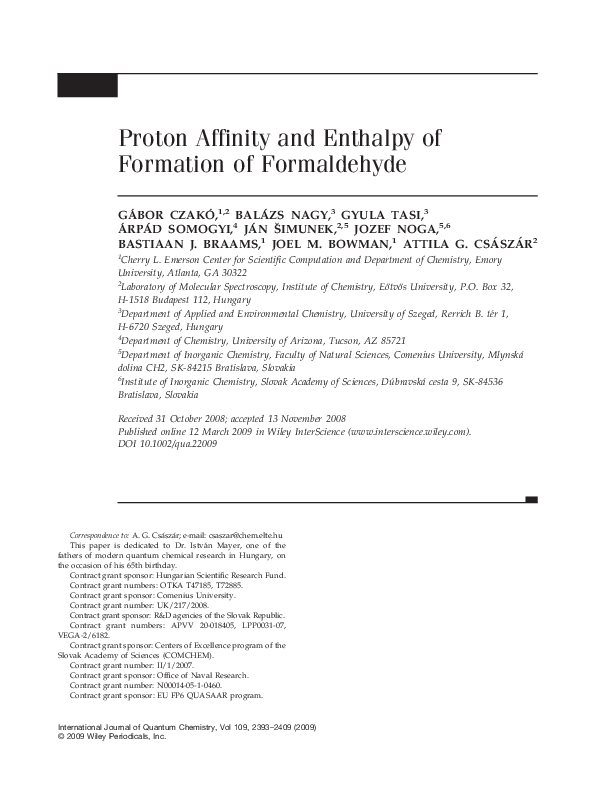 (PDF) Proton affinity and enthalpy of formation of formaldehyde
