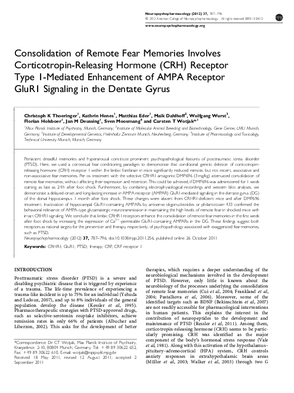 (PDF) CRH Receptor's Role in Remote Fear Memory