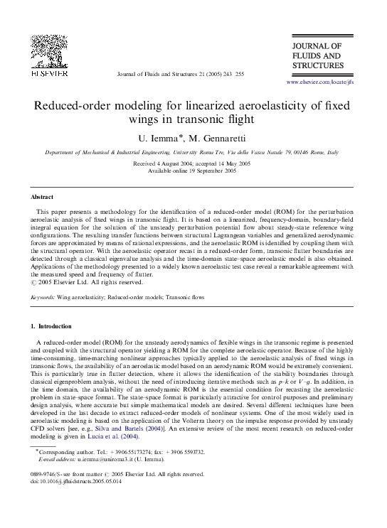 Pdf Reduced Order Modeling For Linearized Aeroelasticity Of Fixed Wings In Transonic Flight