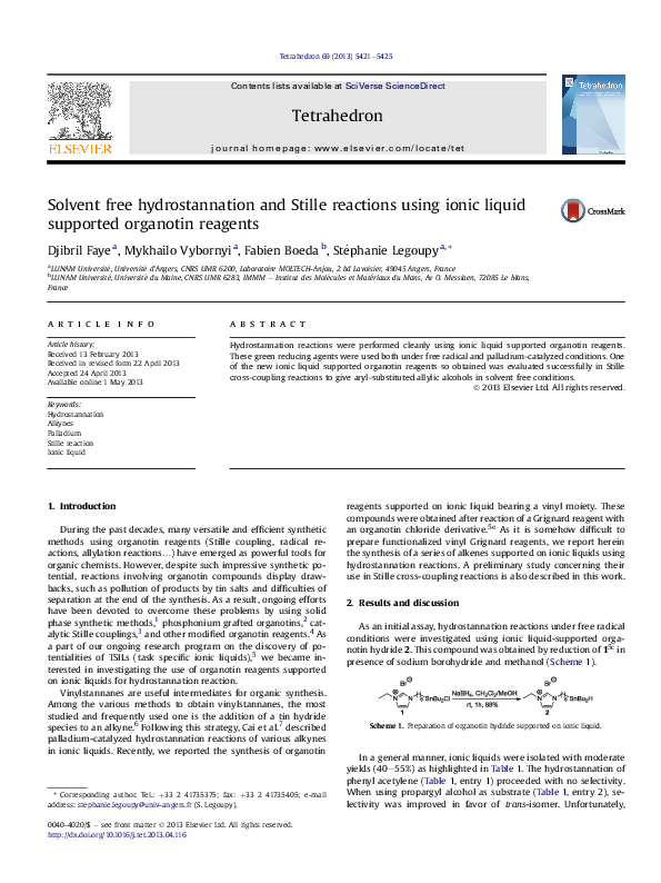 (PDF) Solvent free hydrostannation and Stille reactions using ionic ...