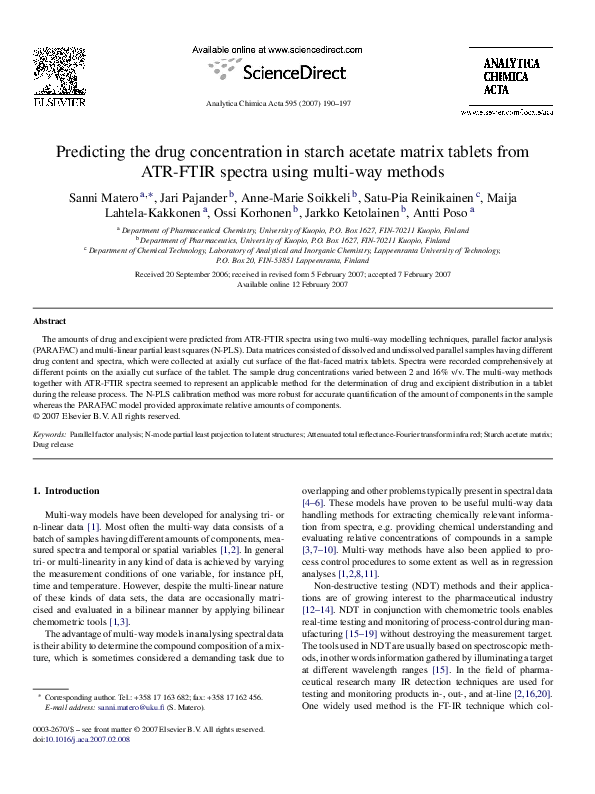 Pdf Predicting The Drug Concentration In Starch Acetate Matrix Tablets From Atr Ftir Spectra