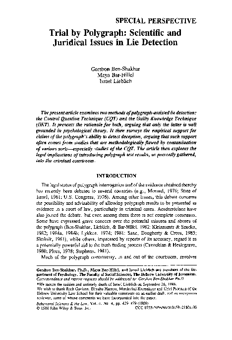 (PDF) Trial by polygraph: Scientific and juridical issues in lie detection