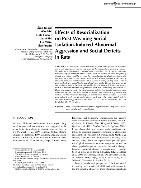 (PDF) Effects of resocialization on post-weaning social isolation ...