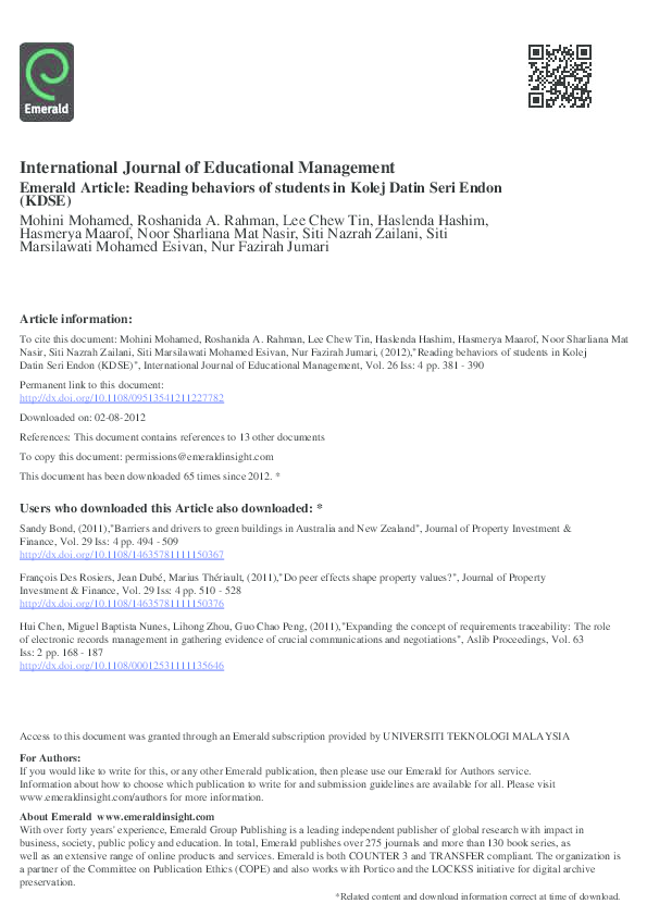 (PDF) Reading behaviors of students in Kolej Datin Seri Endon (KDSE)