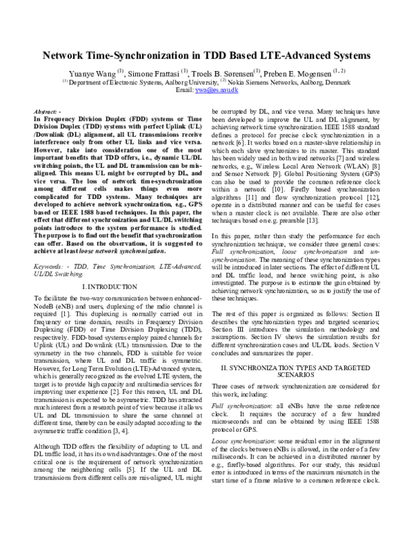 Pdf Network Time Synchronization In Tdd Based Lte Advanced Systems