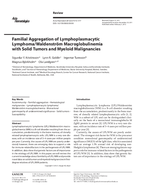 (PDF) Familial Aggregation of Lymphoplasmacytic Lymphoma/Waldenström Macroglobulinemia with ...