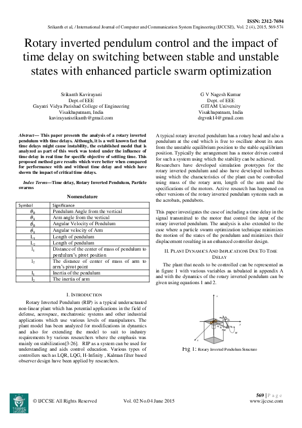 (PDF) Rotary inverted pendulum control and the impact of time delay on switching between stable ...
