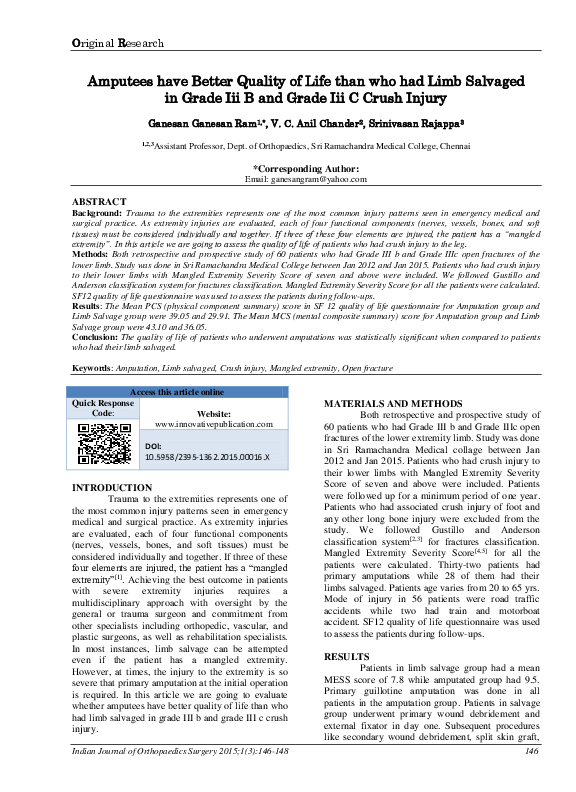 (PDF) Amputees vs Limb Salvage: Quality of Life