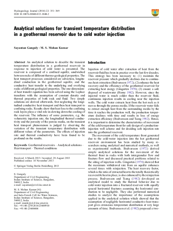 (PDF) Analytical solutions for transient temperature distribution in a geothermal reservoir due ...