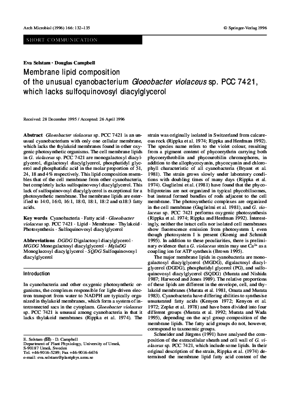 (PDF) Membrane lipid composition of the unusual cyanobacterium ...