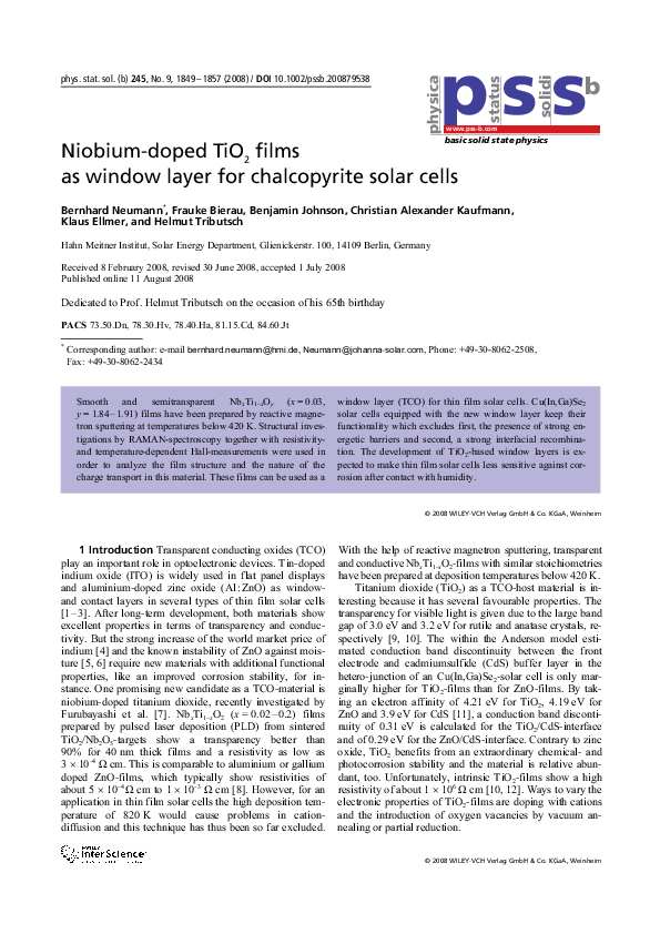 (PDF) Niobium-doped TiO2 films as window layer for chalcopyrite solar cells