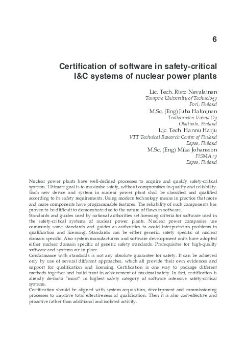 (PDF) Certification of Software in Safety-Critical I&C Systems of ...
