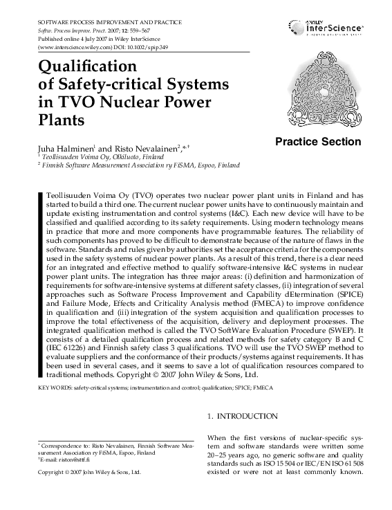 (PDF) Qualification of safety-critical systems in TVO nuclear power plants