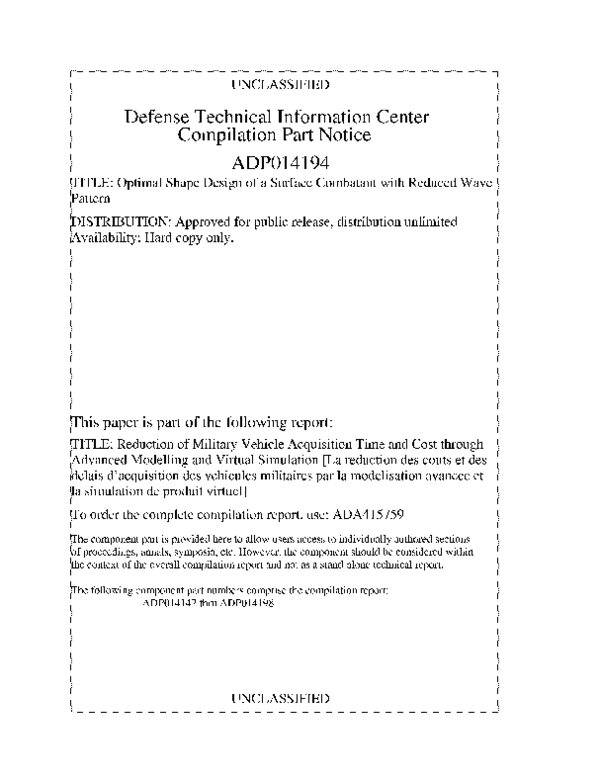 (PDF) Optimal Shape Design of a Surface Combatant with Reduced Wave Pattern (PDF) Optimal Shape Design of a Surface Combatant with Reduced Wave Pattern