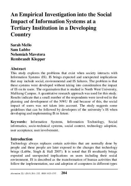 (PDF) An Empirical Investigation into the Social Impact of Information Systems at a Tertiary ...