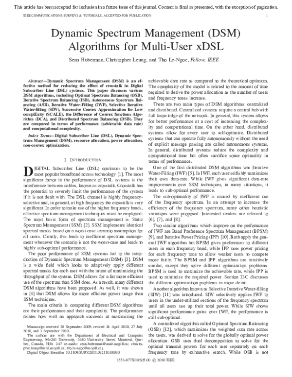 Pdf Dynamic Spectrum Management Dsm Algorithms For Multi User Xdsl Tho Le Ngoc