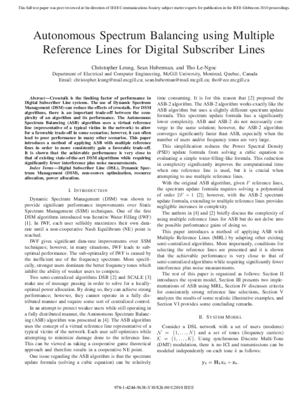 Pdf Autonomous Spectrum Balancing Using Multiple Reference Lines For Digital Subscriber Lines