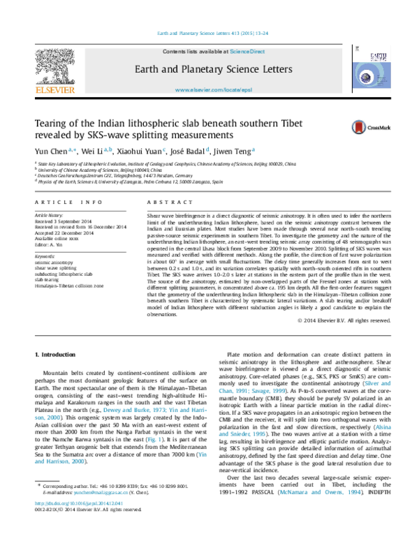 (PDF) Tearing of the Indian lithospheric slab beneath southern Tibet ...