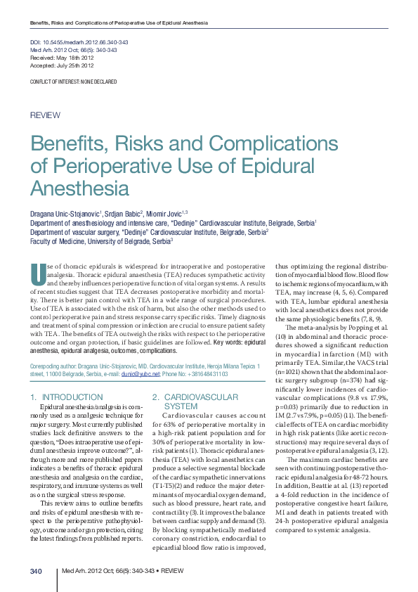 (PDF) Benefits, Risks and Complications of Perioperative Use of Epidural Anesthesia
