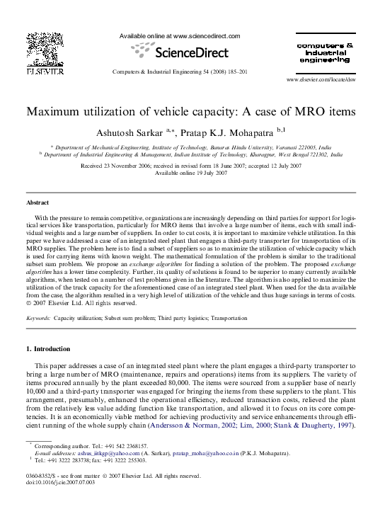 (PDF) Maximum utilization of vehicle capacity: A case of MRO items