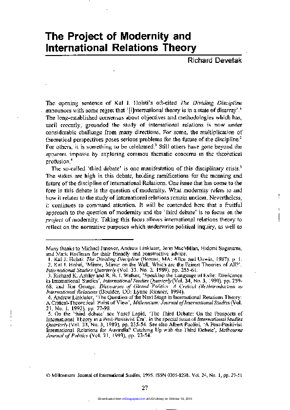 (PDF) The Project of Modernity and International Relations Theory