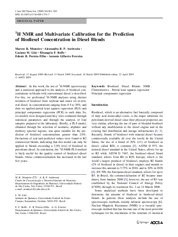 Pdf 1h Nmr And Multivariate Calibration For The Prediction Of Biodiesel Concentration In