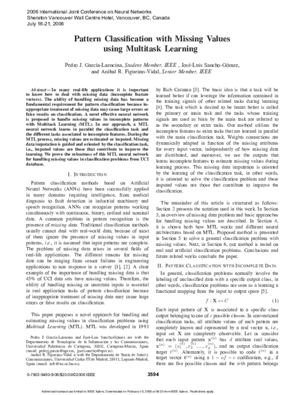 (PDF) Pattern Classification with Missing Values using Multitask Learning | José-luis Sancho ...
