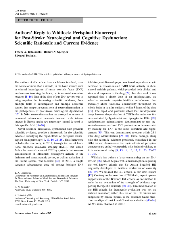 (PDF) Authors’ Reply to Whitlock: Perispinal Etanercept for Post-Stroke ...