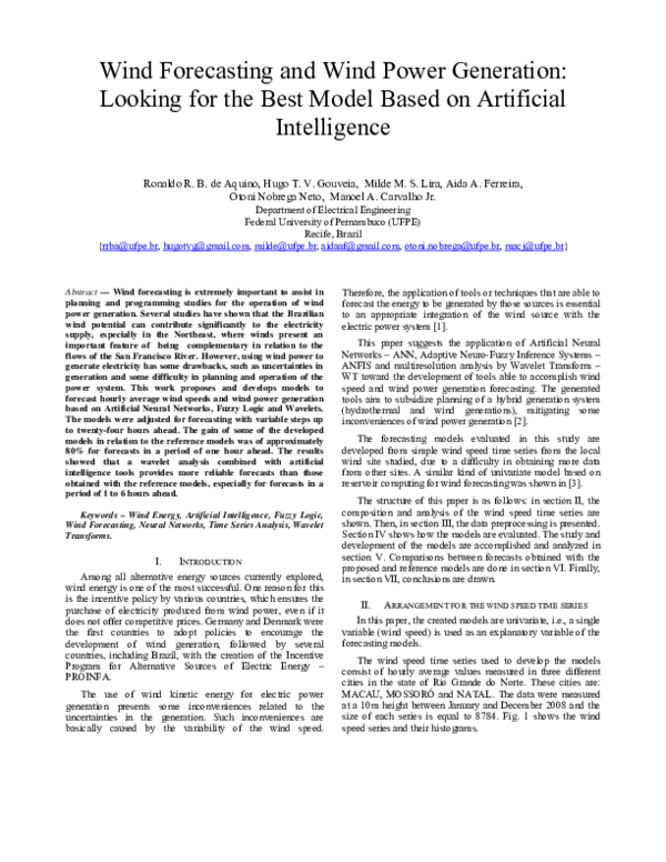 Pdf Artificial Intelligence In Wind Speed Forecasting A Review Minerva Bautista