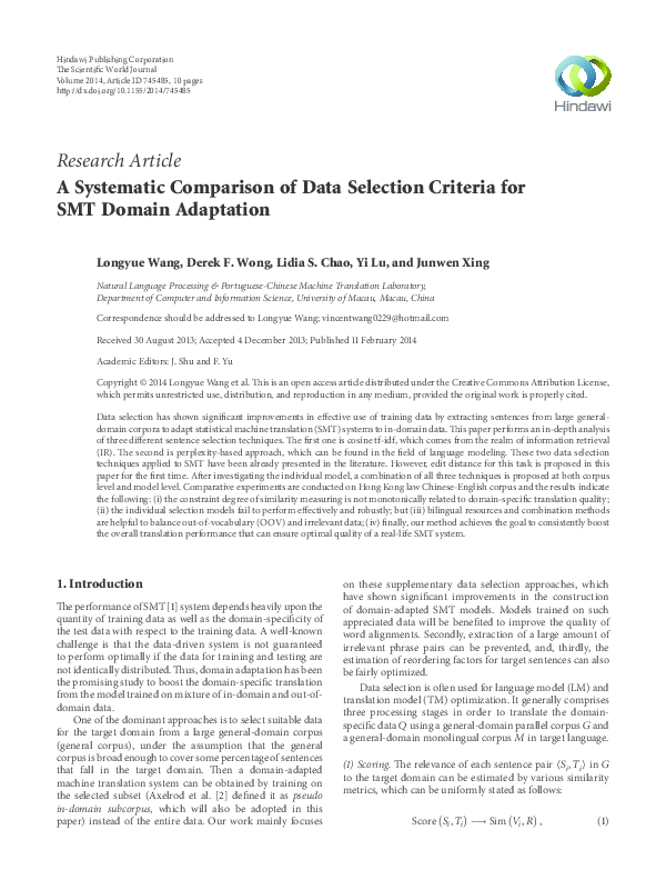 (PDF) A Systematic Comparison of Data Selection Criteria for SMT Domain Adaptation | Lidia Chao ...