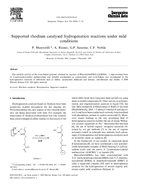 (PDF) Supported rhodium catalysed hydrogenation reactions under mild ...