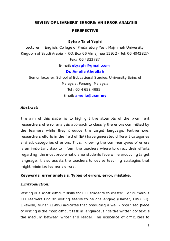 Doc Review Of Learners Errors An Error Analysis Perspective
