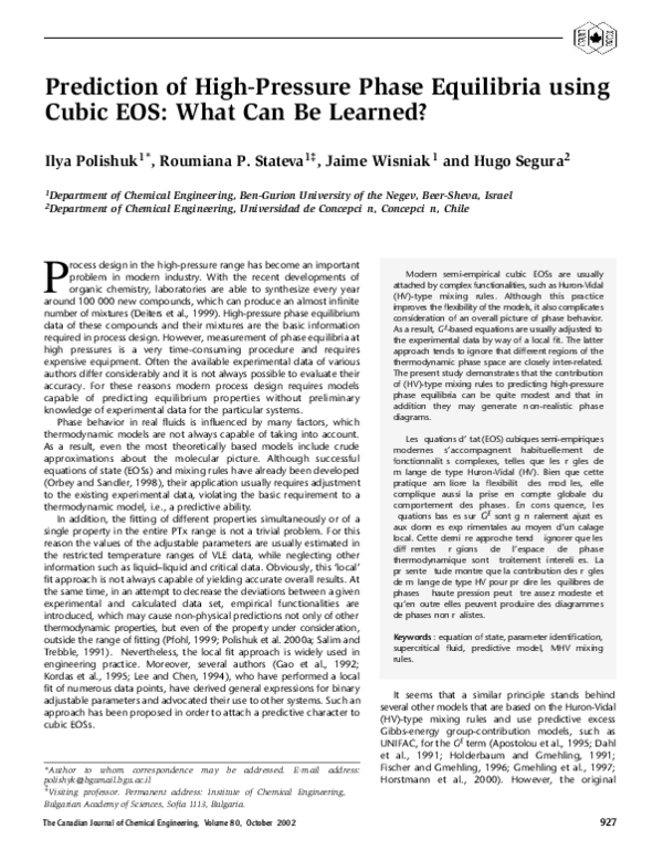 (PDF) Prediction of High-Pressure Phase Equilibria using Cubic EOS ...