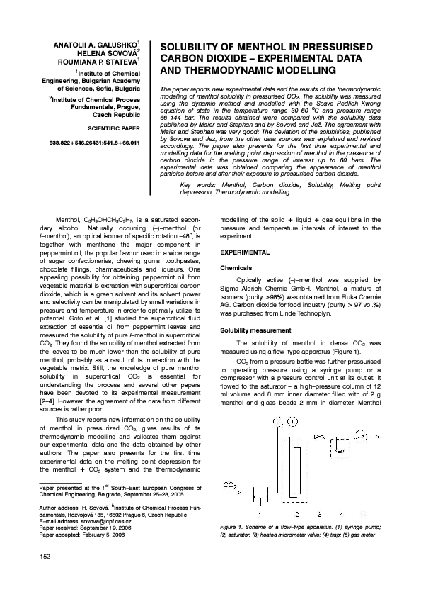 (PDF) Solubility of menthol in pressurized carbon dioxide: Experimental data and thermodynamic ...