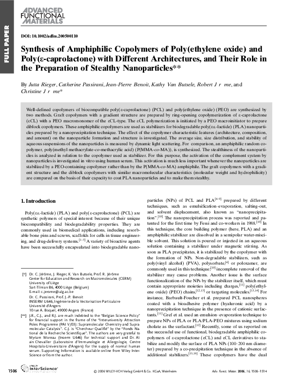 (PDF) Synthesis of Amphiphilic Copolymers of Poly(ethylene oxide) and Poly(ε-caprolactone) with ...