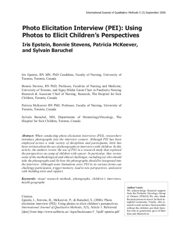 (PDF) Photo elicitation interview (PEI): Using photos to elicit children's perspectives