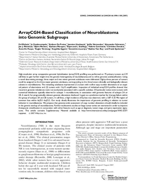 (PDF) ArrayCGH-based classification of neuroblastoma into genomic subgroups | E. Michels ...