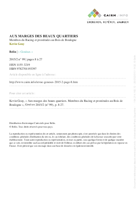 (PDF) Kevin Geay, « Aux marges des beaux quartiers. Membres du Racing ...