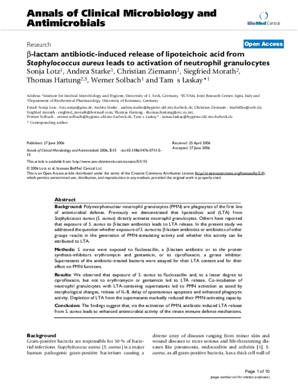 (PDF) β-lactam antibiotic-induced release of lipoteichoic acid from Staphylococcus aureus leads ...